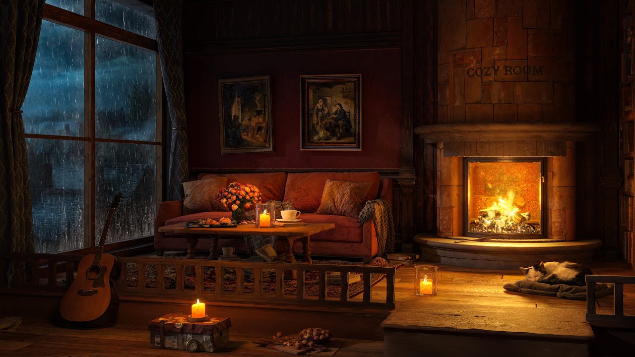 4K Cozy Country Cottage Ambiance 🌨️ Gentle Jazz, Rain & Fireplace ...