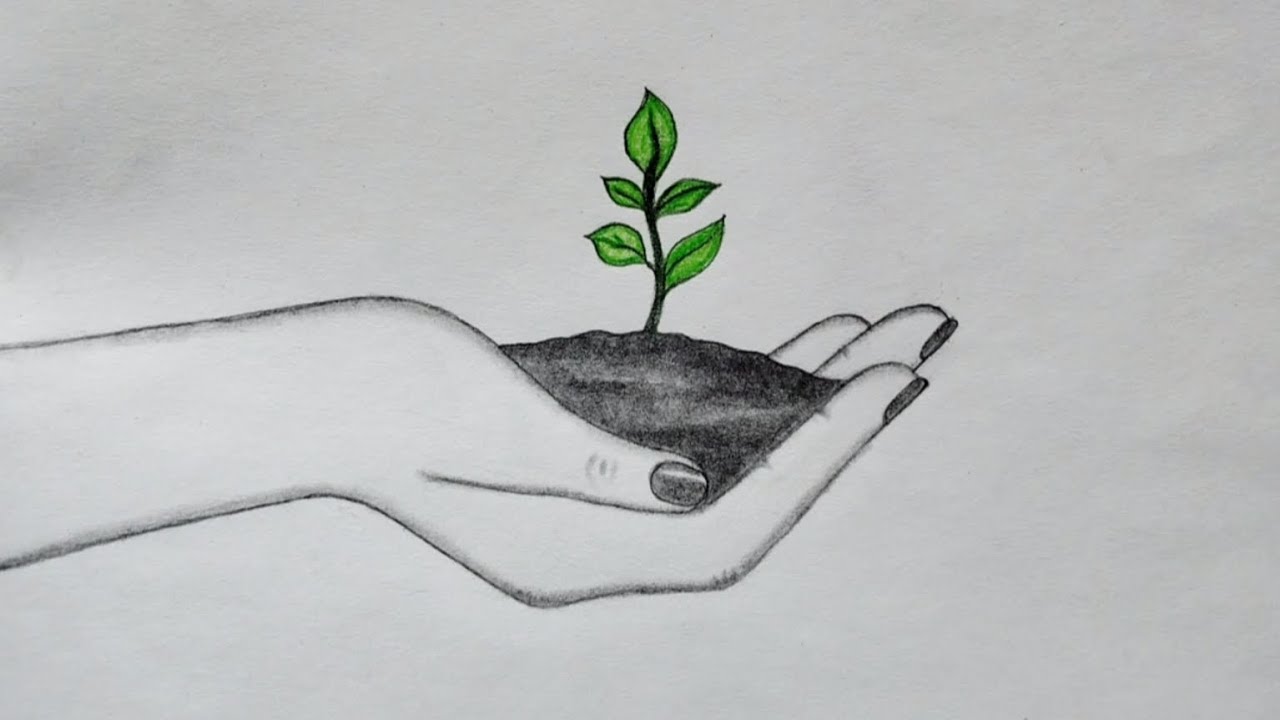 How to draw hand with a plant || Trees and greenery protect drawing ...