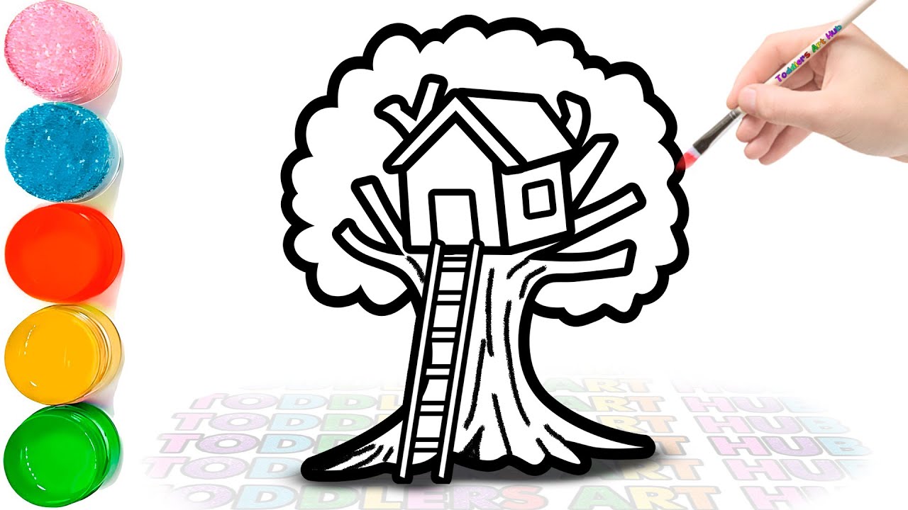 How to Draw and Color a Tree House for Kids | Easy Treehouse Drawing ...