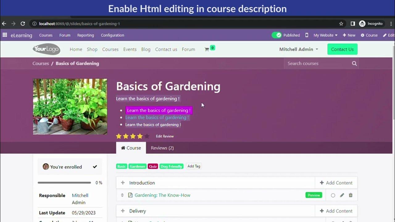 Odoo elearning pro: Enable html editor inside course description - YouTube