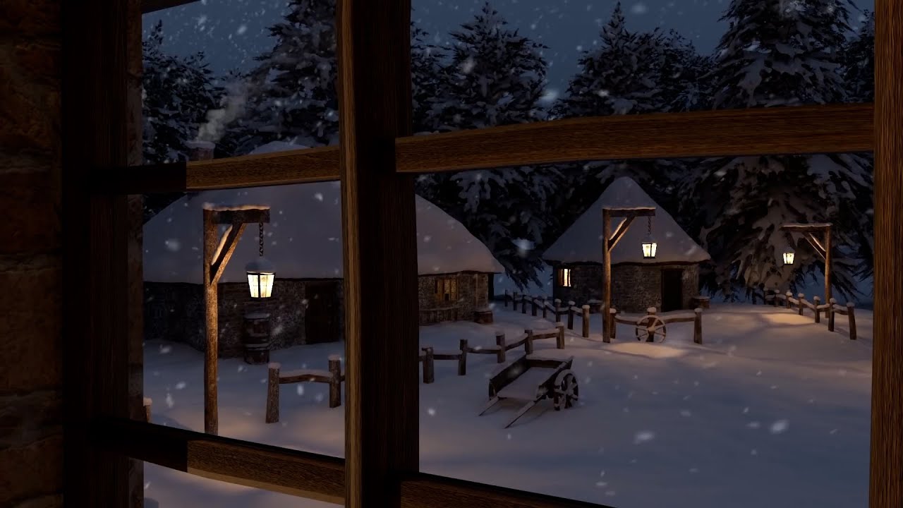 Cozy Winter Ambience | Winter Window Snow Scene Snow and Fireplace ...