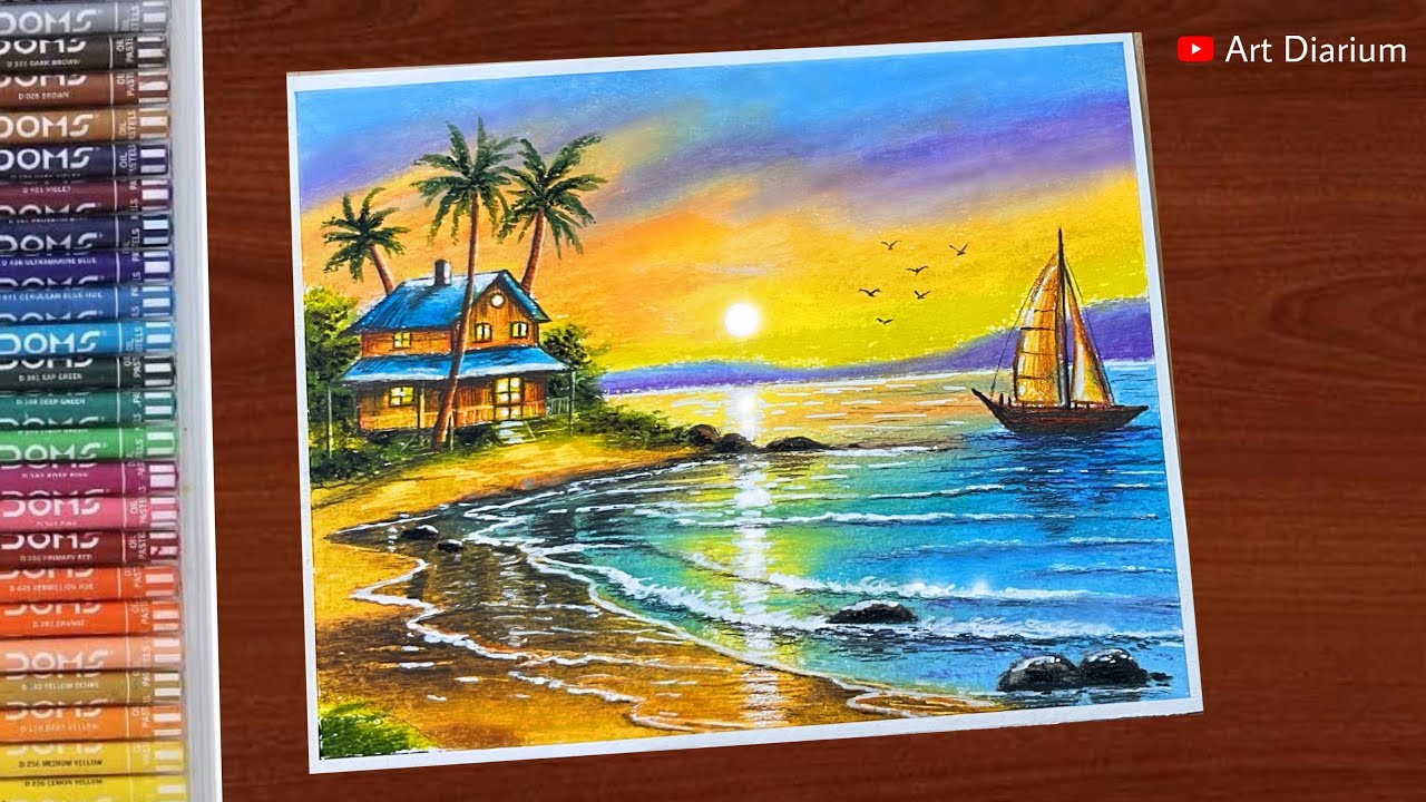Beach Sunset Scenery Drawing Step by Step - for Beginners - YouTube