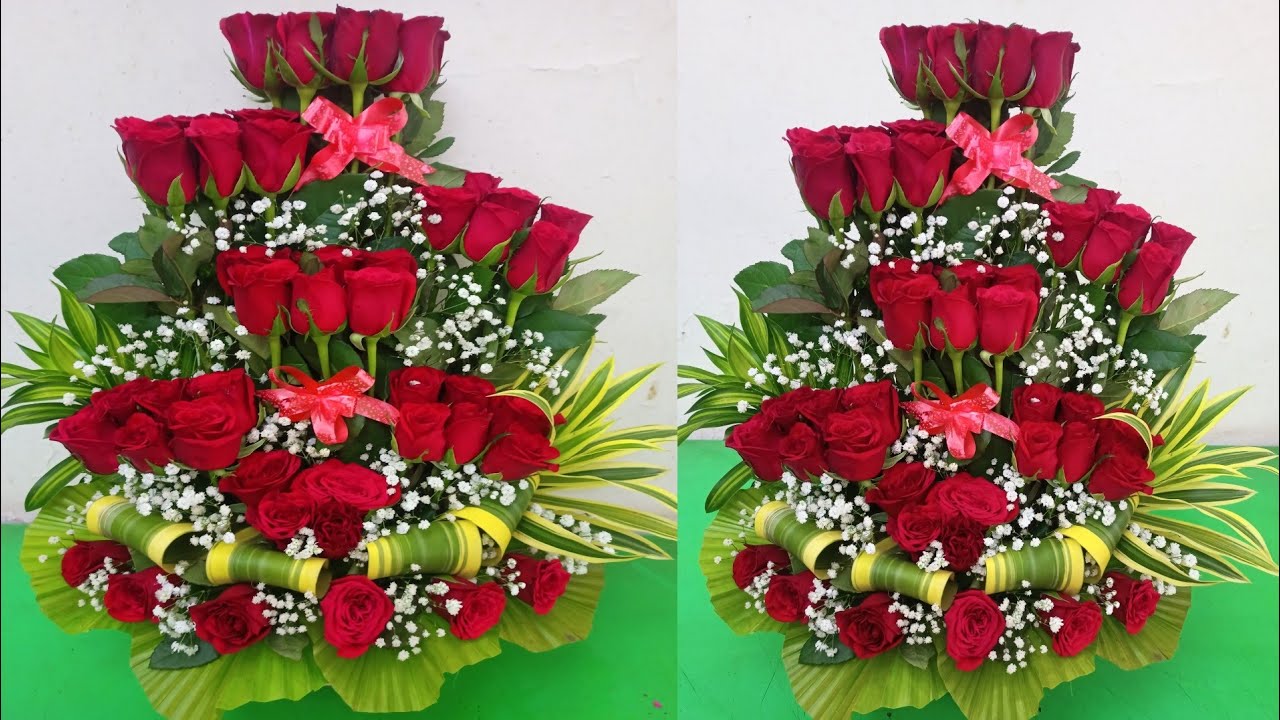 Making 50 Read Roses Bouquet // Read Roses 50 in a basket Arrangements ...