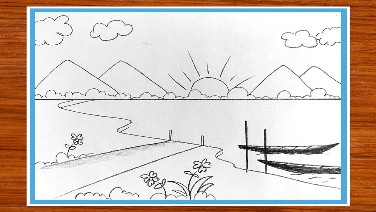 How to draw easy beautiful mountain and river scenery step by step ...