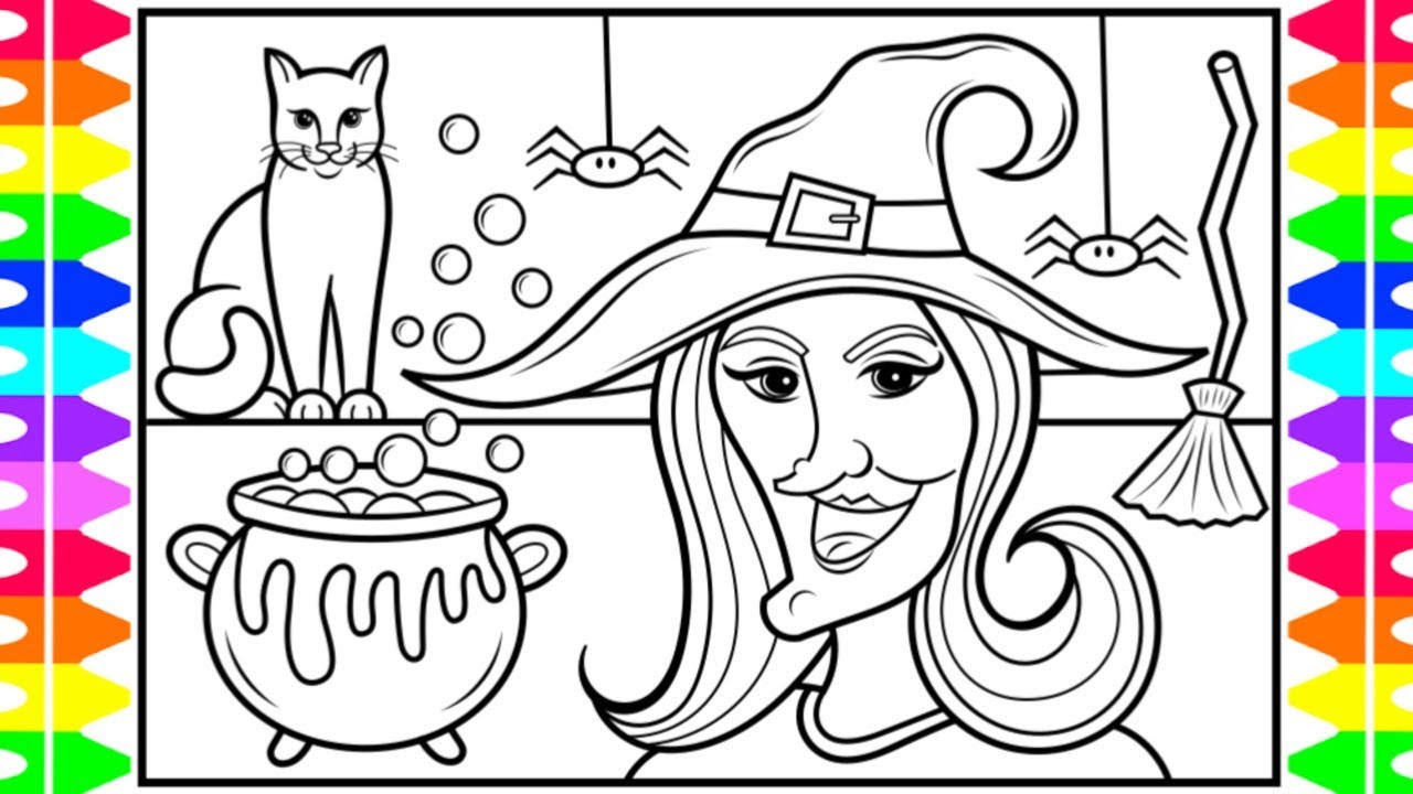 How to Draw a HALLOWEEN WITCH for Kids 🎃👻🕷💜💚Halloween Witch Drawing and ...