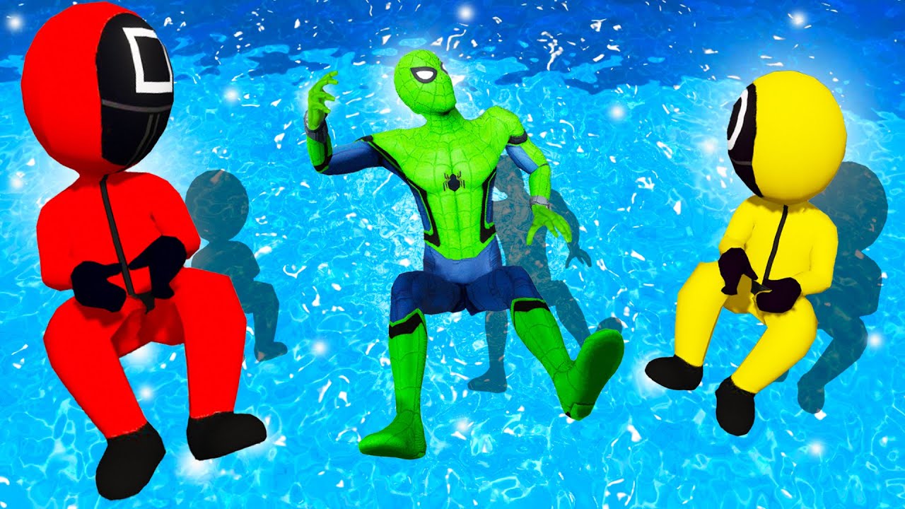 GTA 5 Rainbow Spiderman & Rainbow Squid Game Crazy Water Jump Fails ...