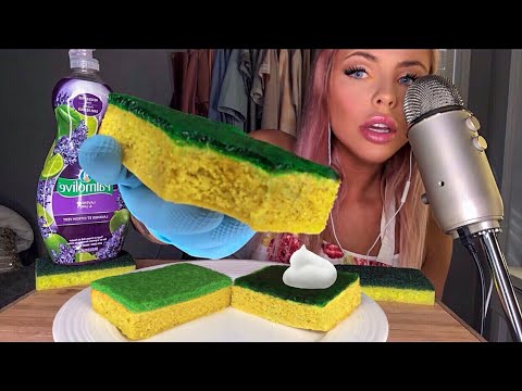 ASMR EDIBLE CAKE DISH SPONGE EATING (FAKE) MOST ODDLY SATISFYING EATING SOUNDS (HIGHEST VOLUME X16)