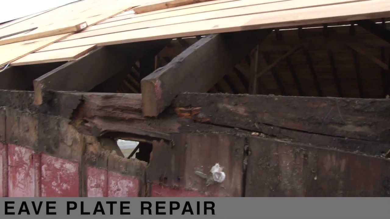 Eave plate repair for a timber frame barn, unseen damage - YouTube