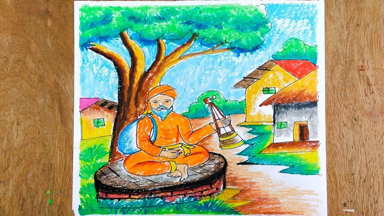 how to draw a baul with oil pastel//village scenery drawing with baul ...