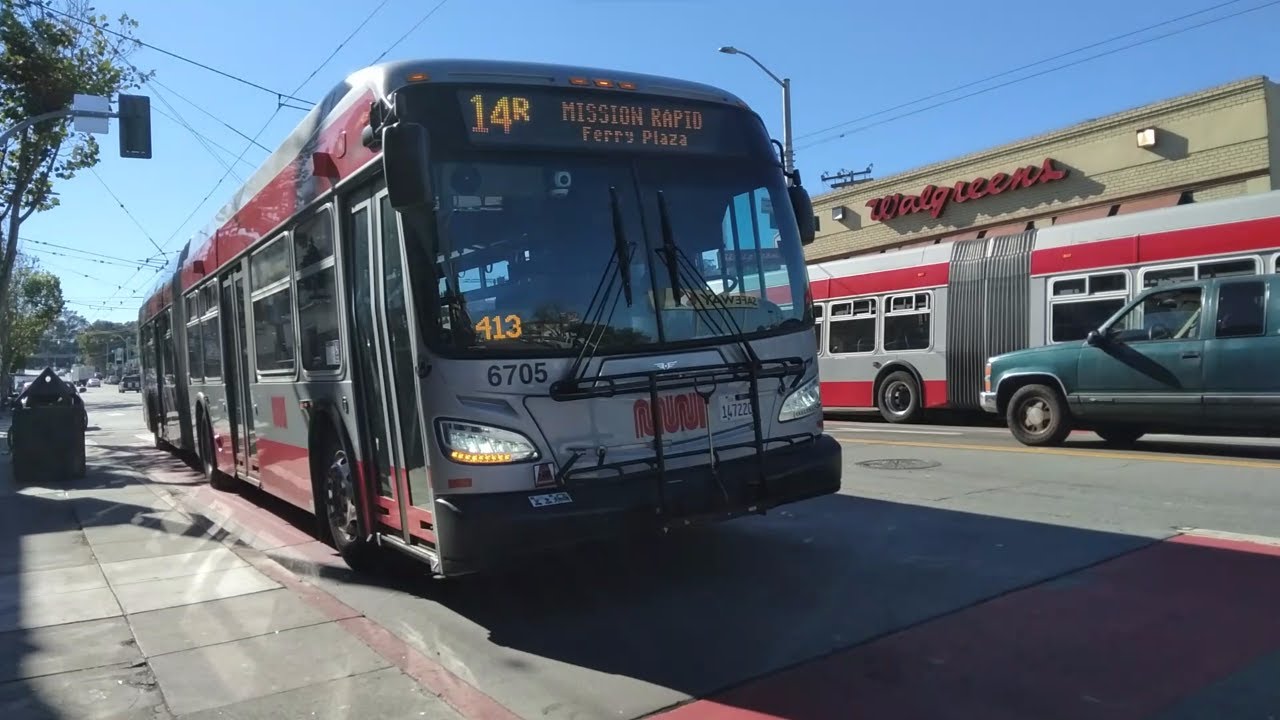SF Muni 2015 New Flyer XDE60 6705 on Route 14R Mission Rapid - YouTube