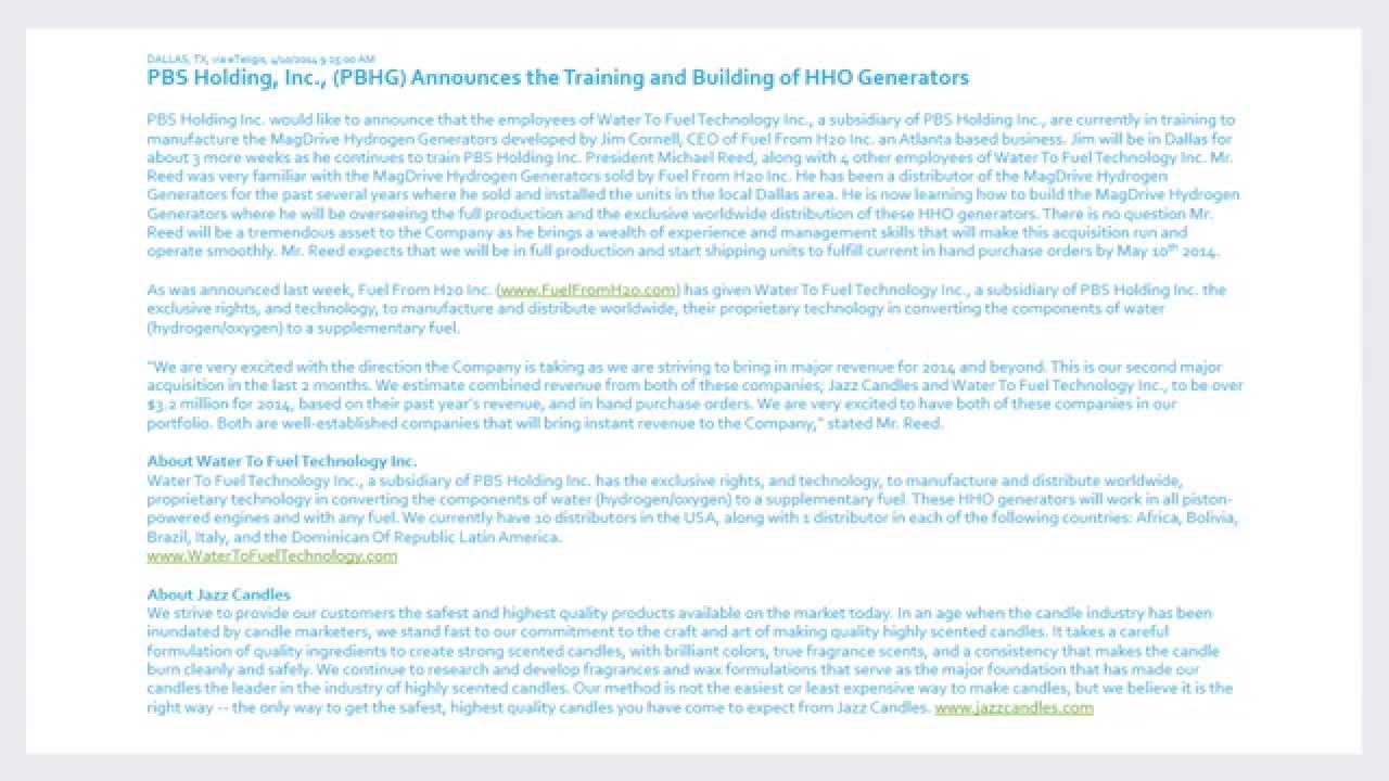 PBS Holding, Inc., (PBHG) Announces the Training and Building of HHO ...
