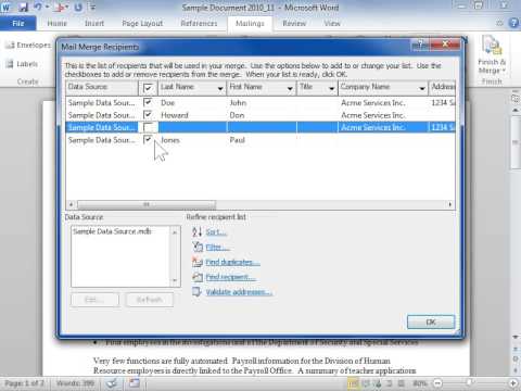 Select Recipients to Include in a Mail Merge - Word 2010 - YouTube