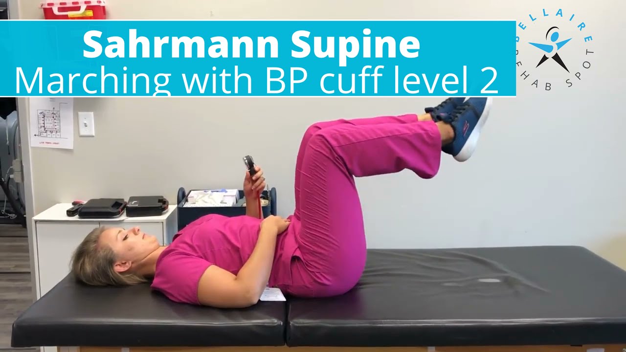 Sahrmann Supine Marching with BP Cuff level 2 - YouTube