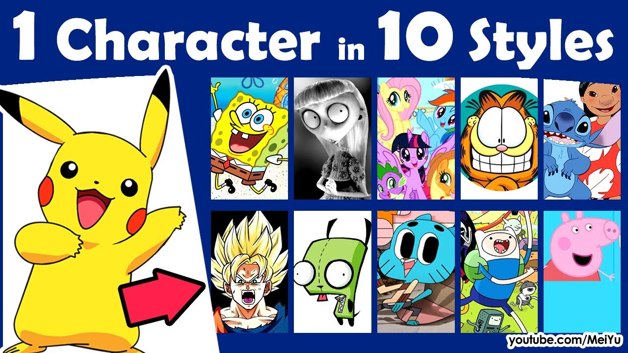 Draw Pikachu in 10 Art Styles Swap Challenge | 1 Character in 10 Styles ...