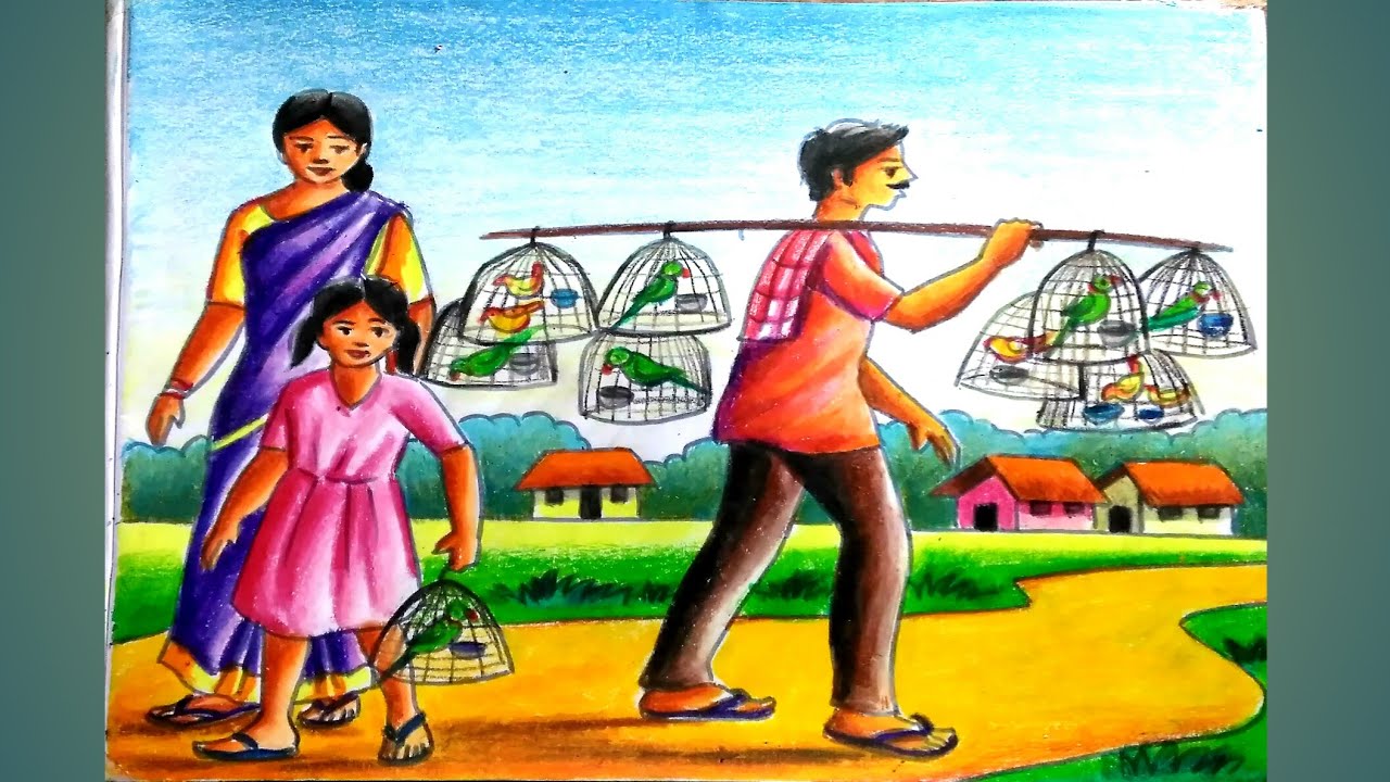 How to draw a bird seller scenery step by step/village bird seller ...