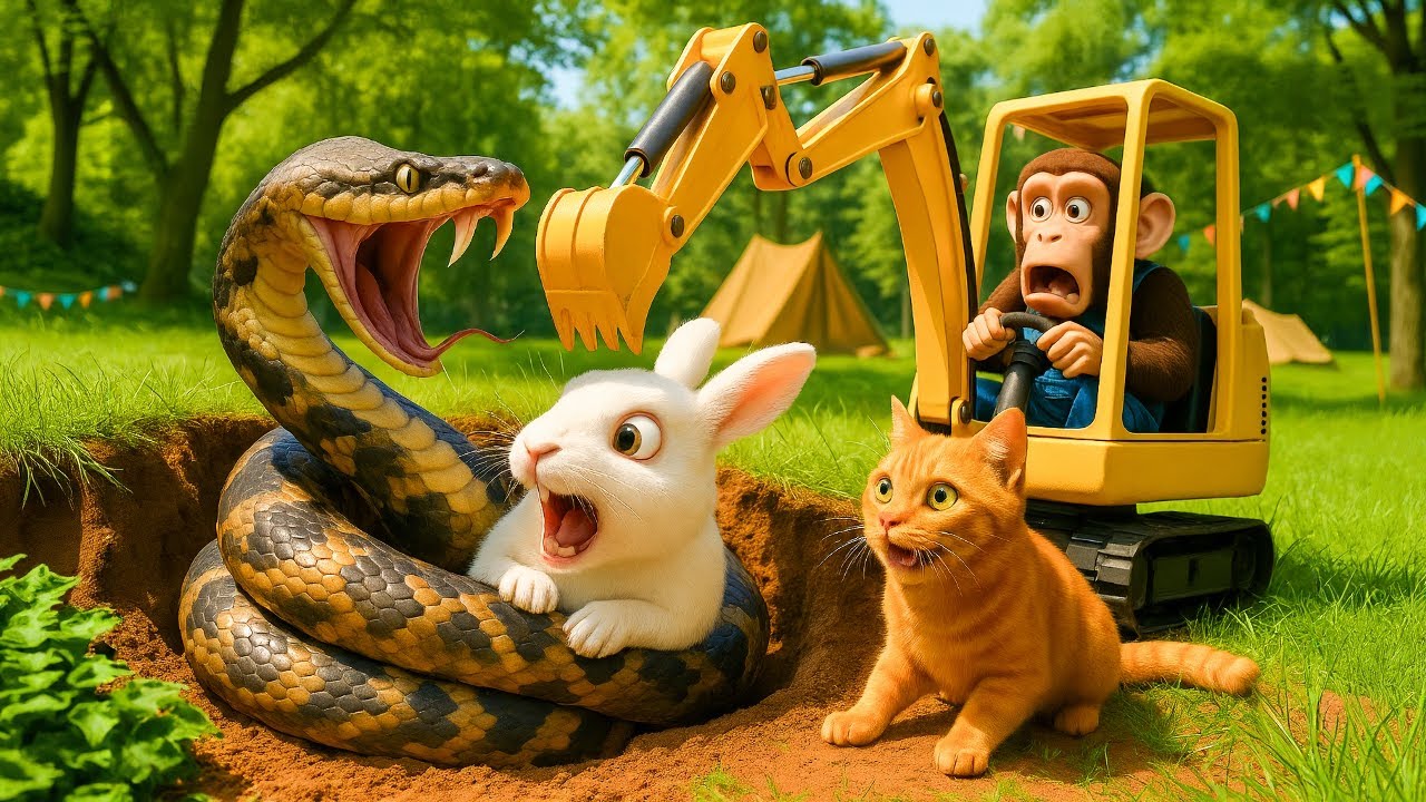 Monkey and Cat Rescue Rabbit from Snake in the Forest By Excavator ...