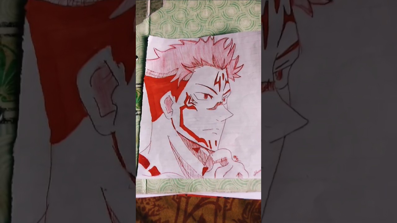 "Mastering Sukuna: A Fierce Red Pen Drawing of the King of Curses ...