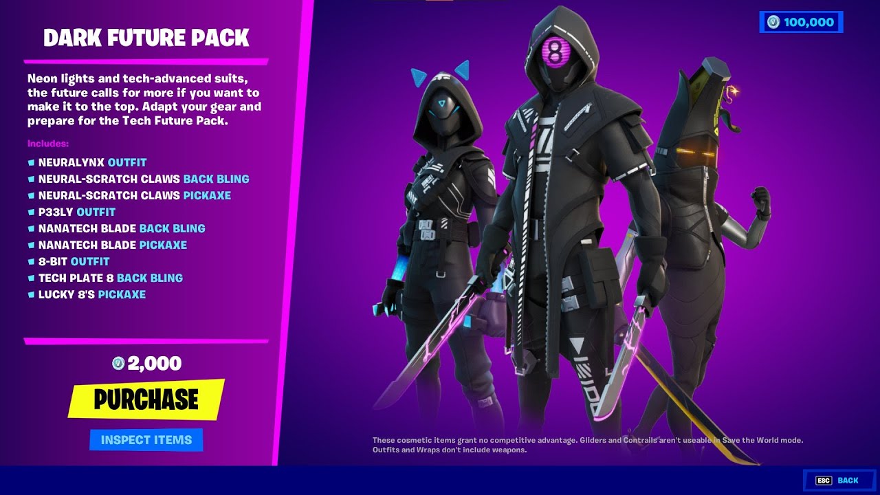 New Fortnite Tech Future Pack Bundle Full Showcasing P33ly Skin8 Bit Skinneuralynx Skin