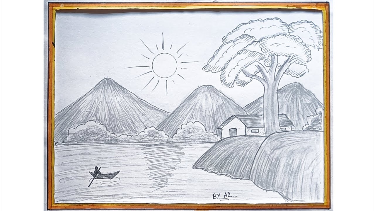 Scenery Drawing Tutorial | Village landscape Scenery Art | Pencil ...