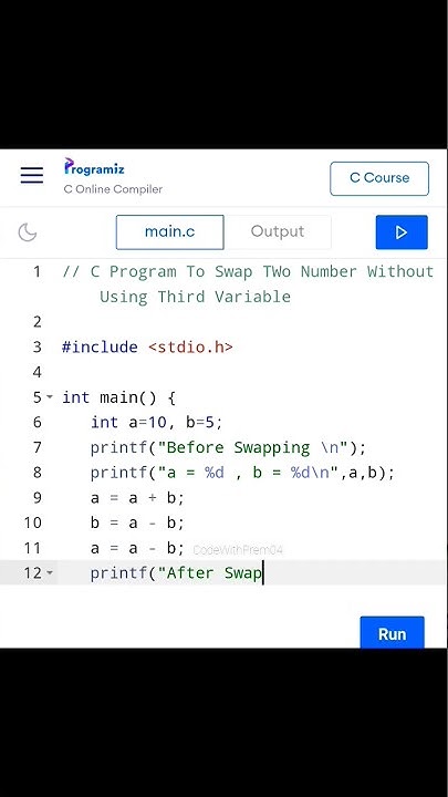 C Program Swap Two Numbers Without Using Third Variable Codewithprem Shortvideo Ccoding