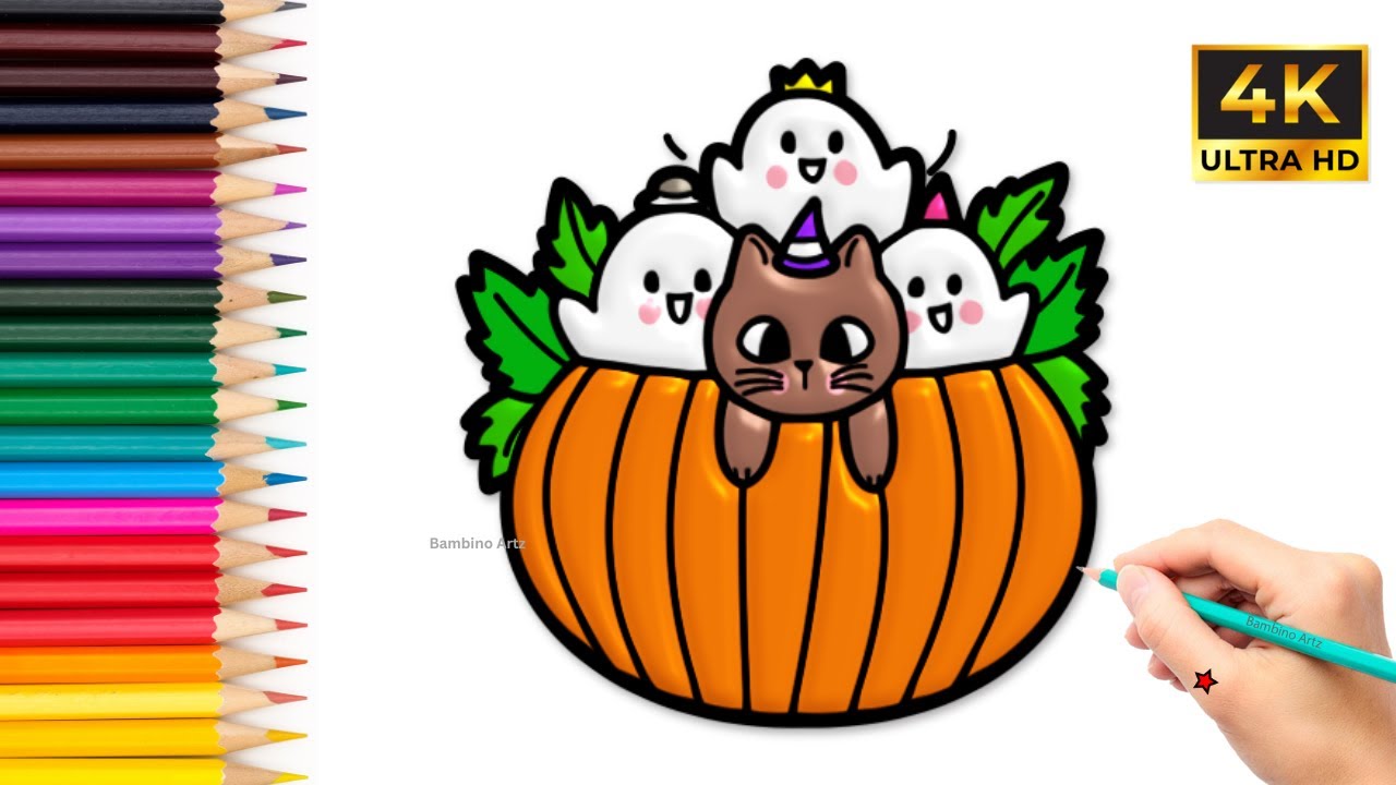 Spooky Halloween Cat & Ghost in Pumpkin Drawing Tutorial 🎃👻 (Step by ...