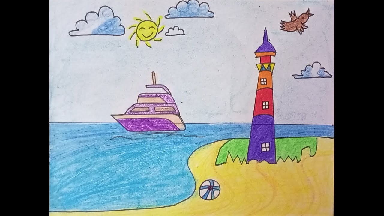 How To Draw A Beach Scenery || Beach Scenery Drawing - YouTube