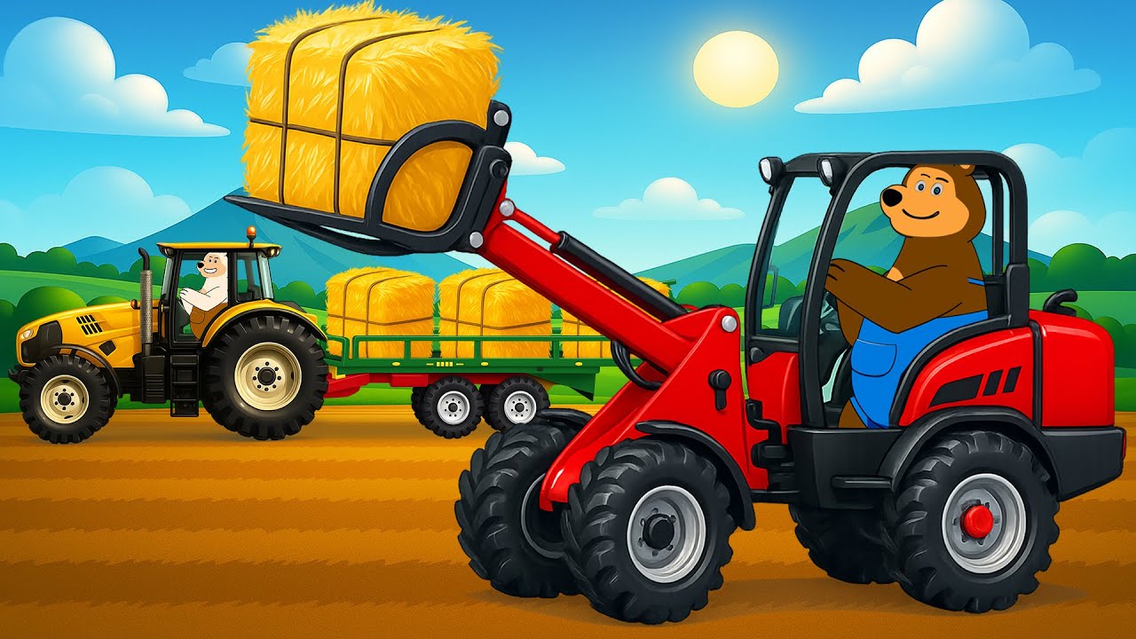 Hay Harvest with Tractors 🚜 | Cartoon Bears Loading Hay Bales | Sunny ...