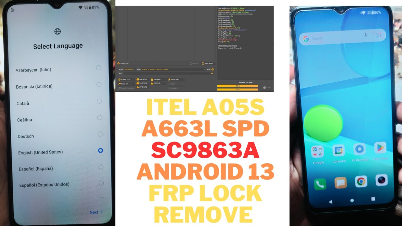 Itel A05s A663L SPD SC9863A Android 13 FRP Lock Remove Without Any Dead Risk By Unlock Tool ...