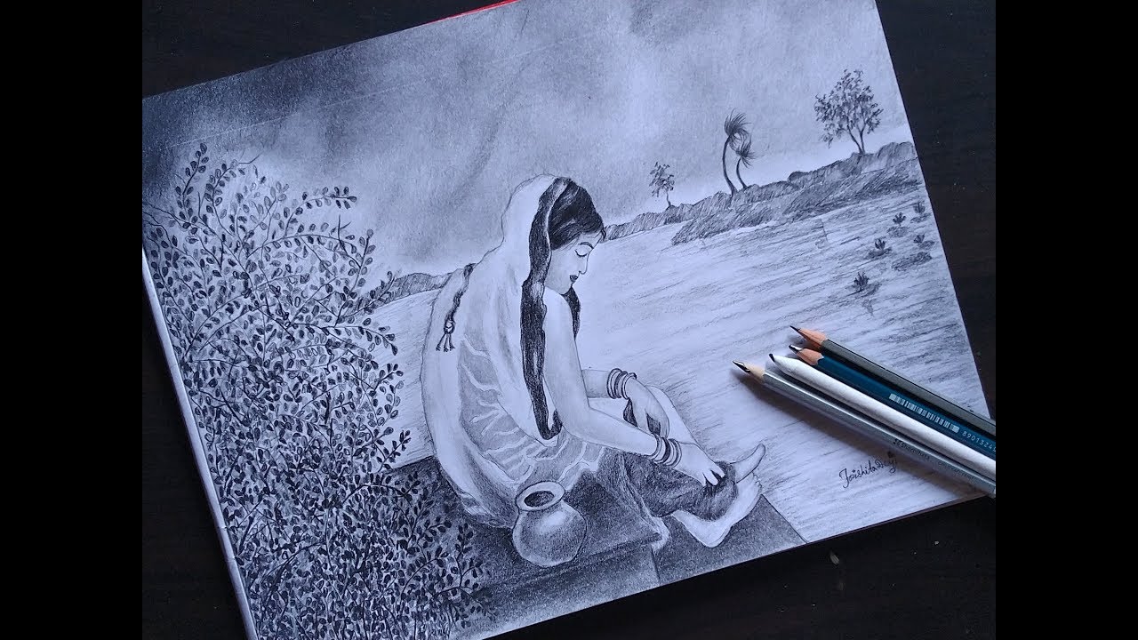 How to Draw woman// step by step Scenery Drawing with women pencil ...