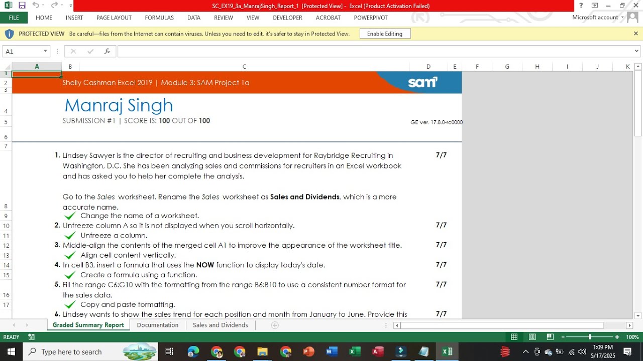 Shelly Cashman Excel 2019 | Module 3: SAM Project 1a | SC_EX19_3a ...