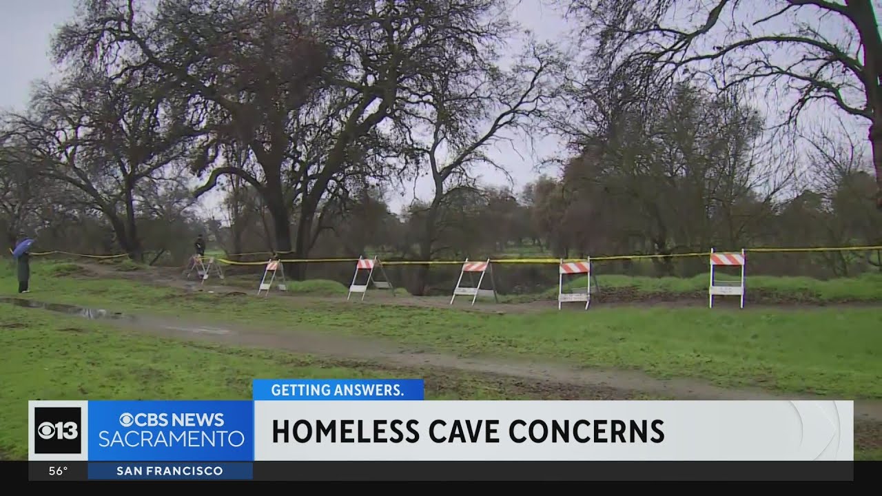 Temporary yellow tape goes up near Tuolumne River homeless caves - YouTube
