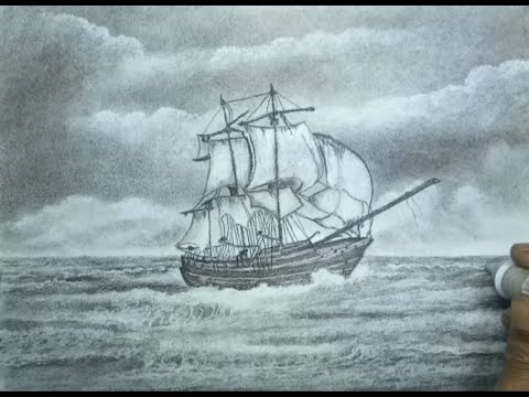 LANDSCAPE DRAWING WITH PENSIL SHIP SCENERY - YouTube