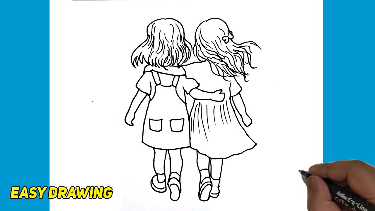 How to Draw Two Little Girls Walking Together #viral | Magic Drawings ...
