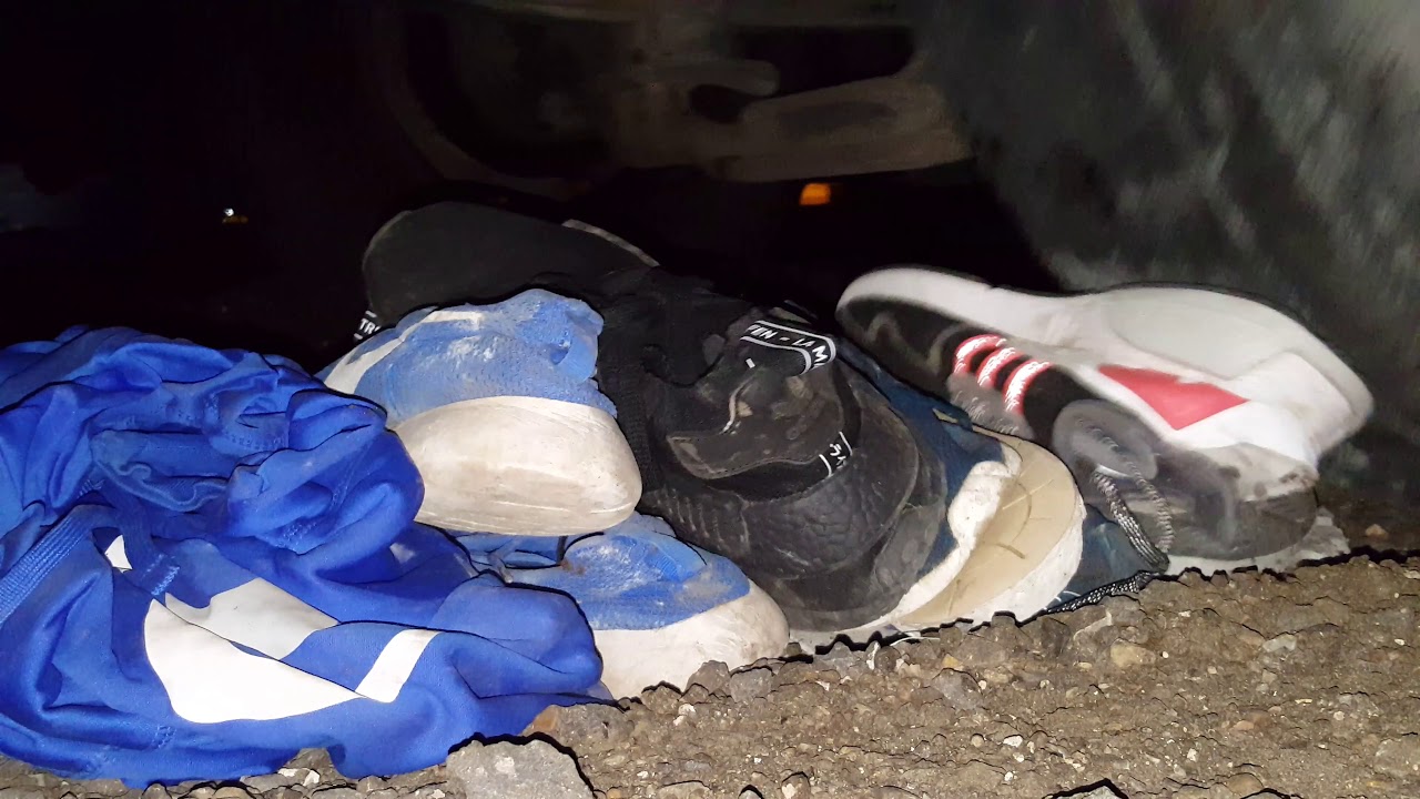 Semi Truck runs over shoes and sweater - YouTube