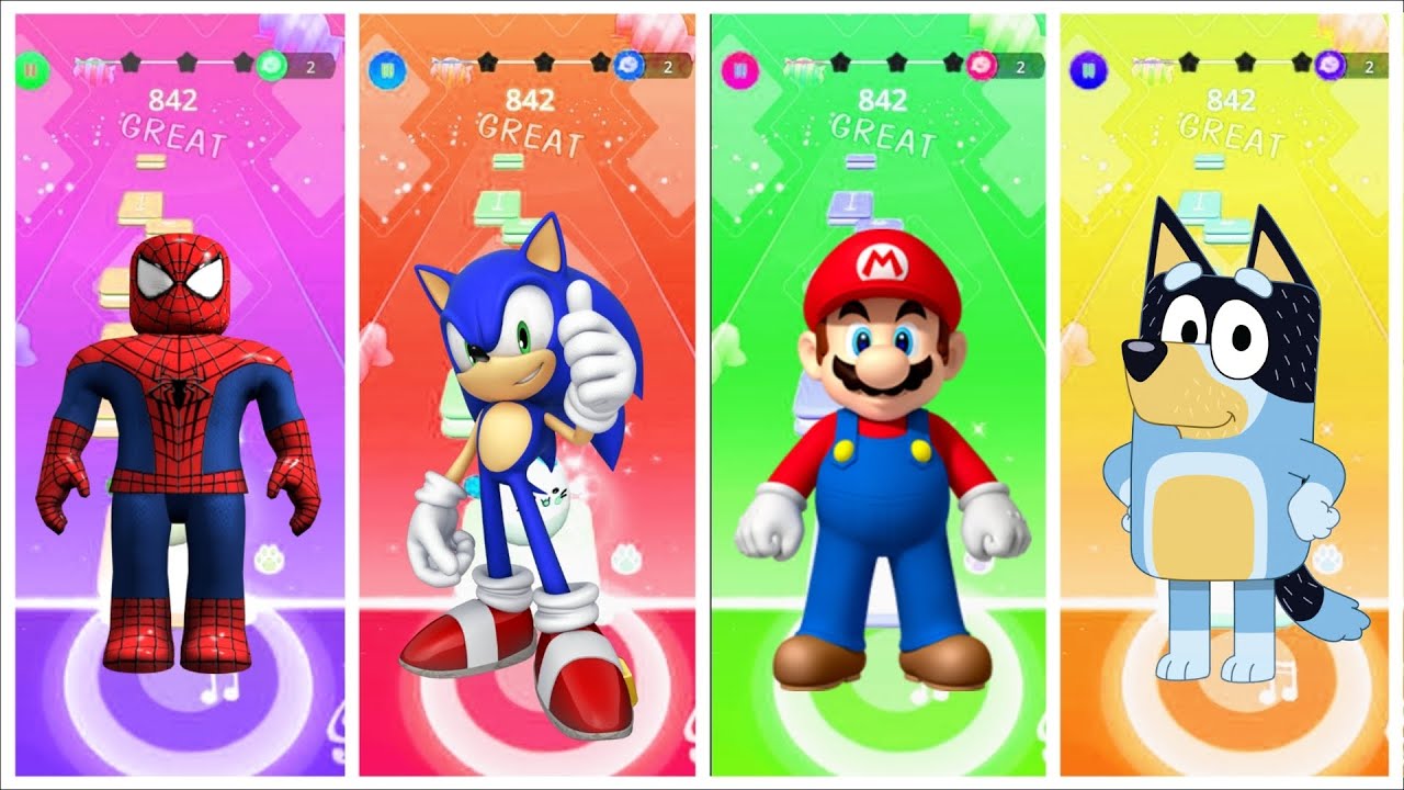 Tiles Hop Battle Spider Man vs Bluey vs Mario vs Sonic! 🔥🎶 #6 - YouTube