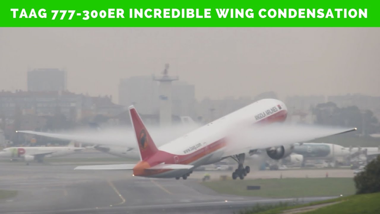 TAAG Boeing 777 300er incredible WING CONDENSATION on takeoff - YouTube