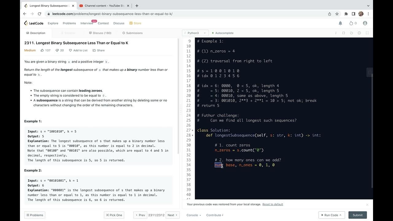 Leetcode 2311. Longest Binary Subsequence Less Than or Equal to K - separate and count method ...