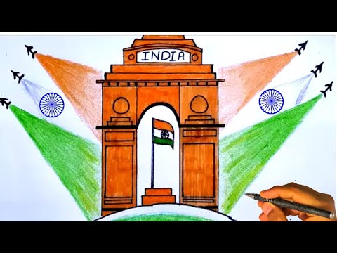 Republic day drawing | How to draw India Gate & flag | republic drawing ...