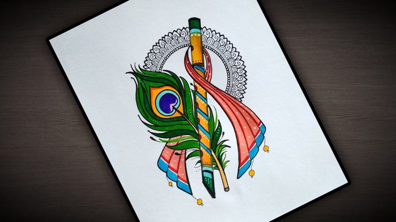 Krishna Janmashtami Drawing / Krishna Flute Peacock Feather Art with ...