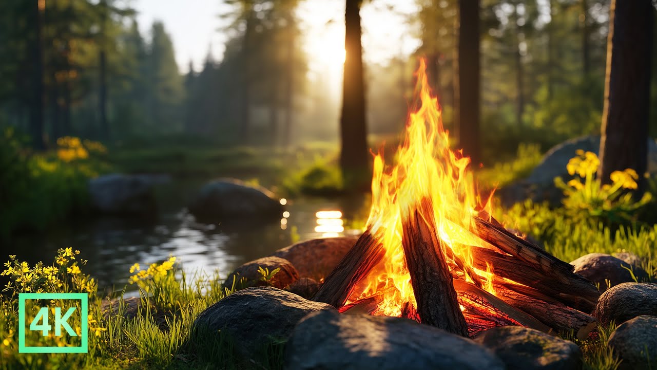 🔥Spring Riverside CAMPFIRE 4K – Calm Outdoor Ambience with Birds & Fire ...