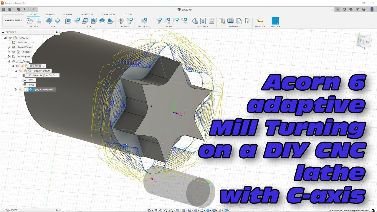 Adaptive Mill Turning with Acorn6 on a DIY CNC lathe with C-axis - YouTube