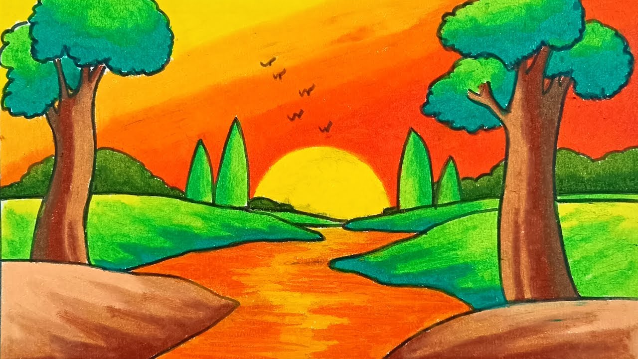 How to Draw Easy Sunset Scenery for beginners | Sunset Scenery Drawing ...