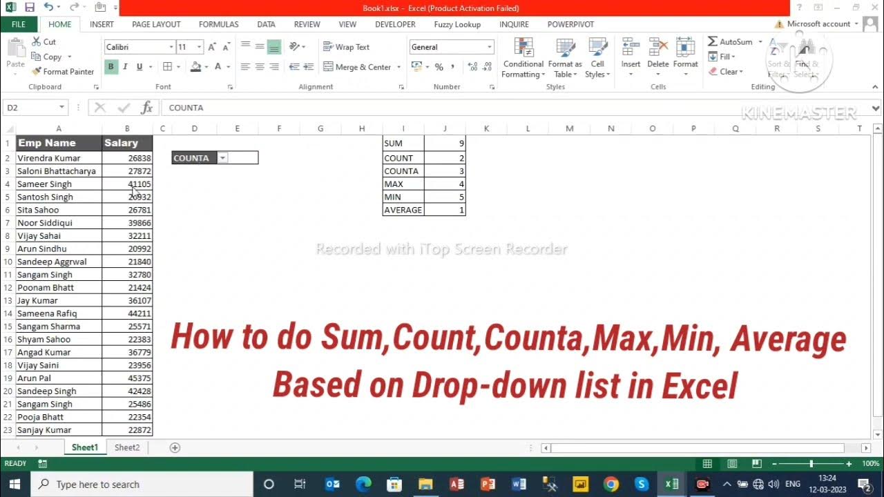 How to do SUM, COUNT, COUNTA, MAX, MIN and AVERAGE Based on the Drop-down list #excel #microsoft ...