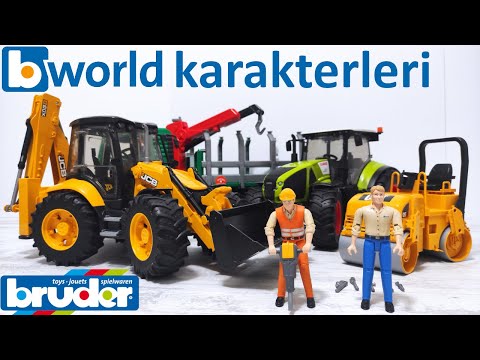 Bruder bworld karakterleri inceleme ve silindir, JCB 5CX, 4CX, traktör ve kütük kamyonu ile oyun