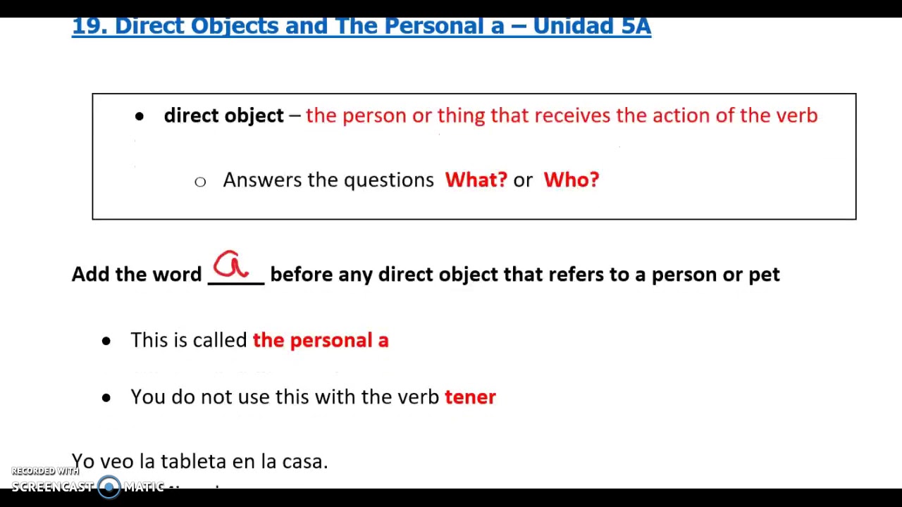 Direct Objects and the Personal a - Grammar Notes 19 - 5A - YouTube