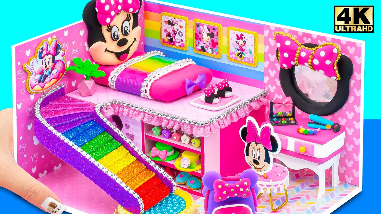 DIY Miniature House ️ Build Pink Minnie Bedroom with Rainbow Slide ...