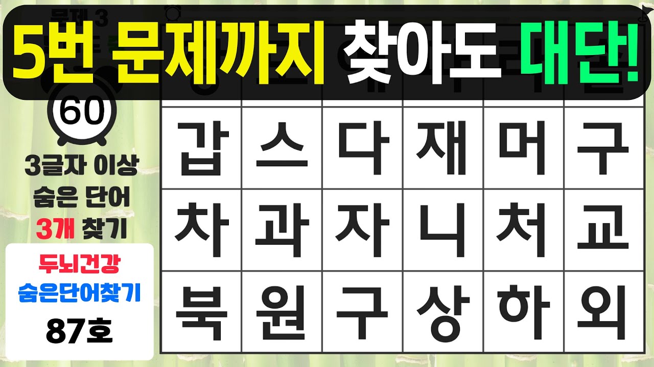5번 문제까지 찾아도 대단한 두뇌 숨은단어찾기치매예방퀴즈치매예방치매테스트단어퀴즈치매예방활동 Youtube