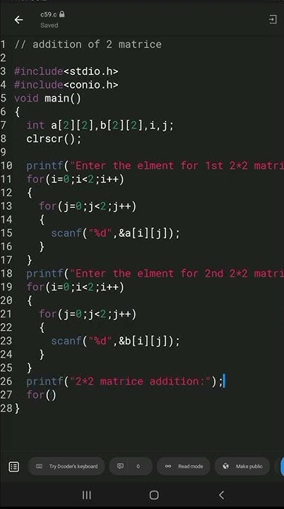 Find addition of 2×2 matrix using 2-D array || 2d array in c || #shorts ...