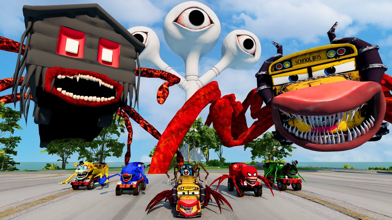 ALL MONSTERS Big & Small Cars vs Downhill Madness with MONSTERS CAR BUS ...