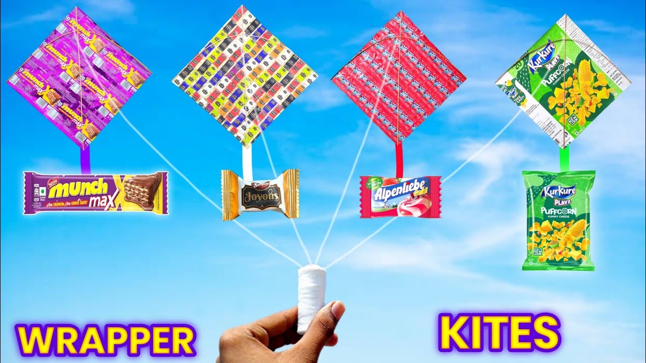 4 amazing chocolate wrapper kite , how to make kite , patang kese ...